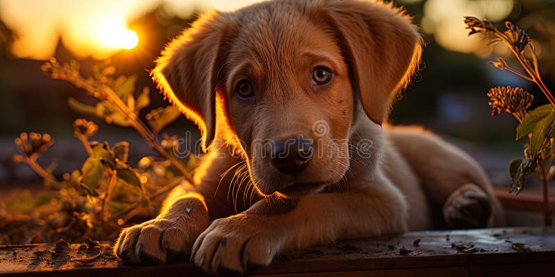 The Golden Labrador, Lying on a Plaid in the Rays of the Evening Sun ...