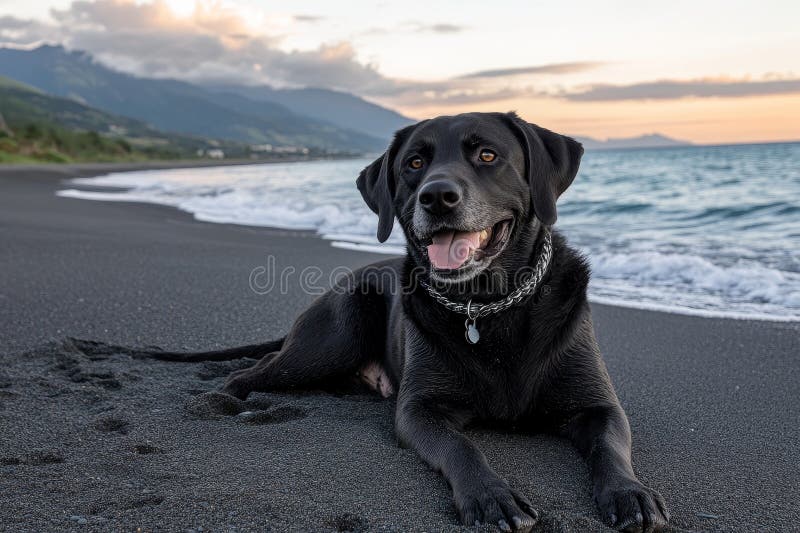 A Golden Labrador Retriever is Sunbathing at the Beach Stock Photo ...