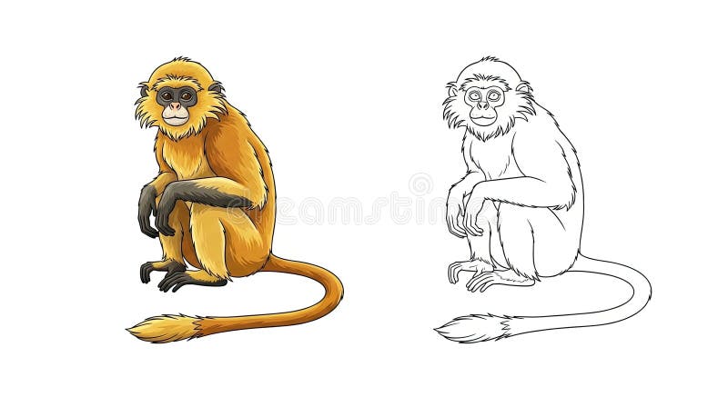 Golden Langur Coloring Sheet Featuring Full Color and Clean Line Art ...