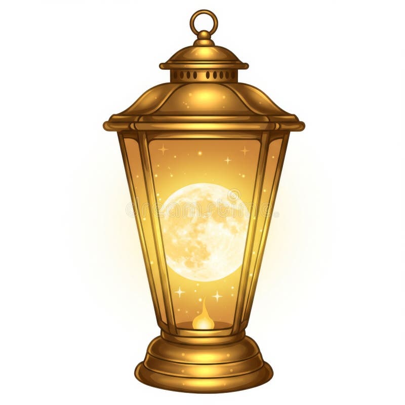 Golden Lantern with Glowing Full Moon and Stars Stock Illustration ...