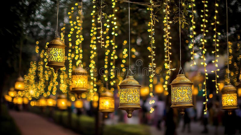 Golden Lanterns Illuminate Park Path Night Stock Photos - Free ...