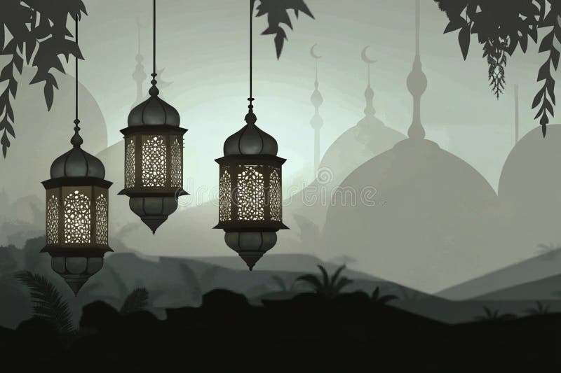Golden Lanterns with Mosque Silhouette in the Background, Ramadan ...