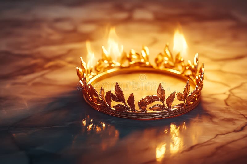 A Golden Laurel Crown Sits on Marble, Warm Flames Flickering in an ...