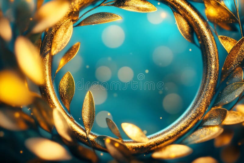 Golden Leaf Frame on Blue Background with Soft Bokeh and Glitter Effect ...