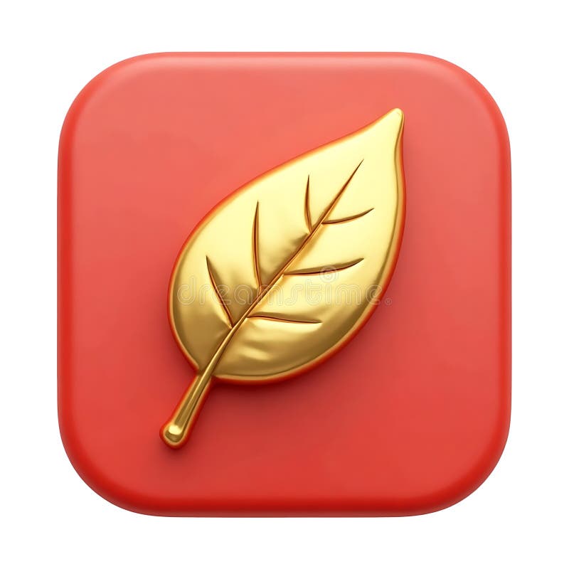 Golden Leaf on Red Square Icon 3D Render on White Stock Illustration ...
