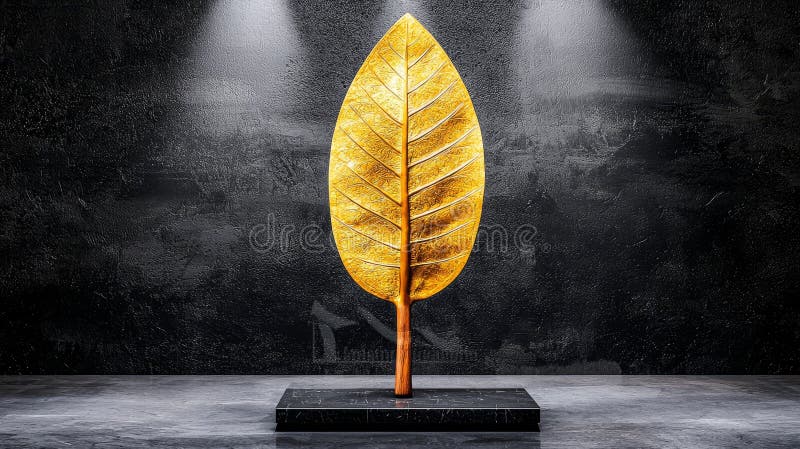 Golden Leaf Sculpture on Display with Dramatic Lighting Stock ...