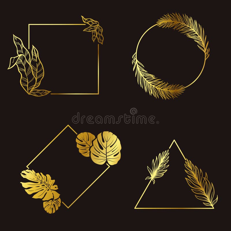 Golden Leafs Frames. Shiny Borders of Different Geometric Shape with ...