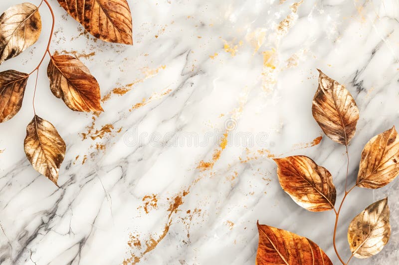 Golden Leafs on White Marble Background. Luxury Autumn Botanical Frame ...
