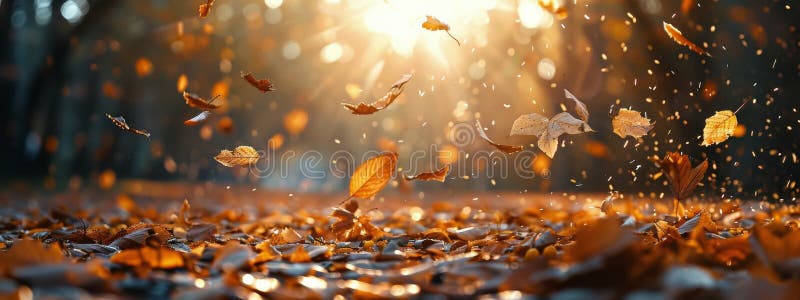 Golden Leaves Falling in Autumn Forest with Sunlight Stock Image ...