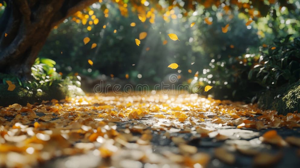 Golden Leaves Falling on Autumn Path Stock Illustration - Illustration ...
