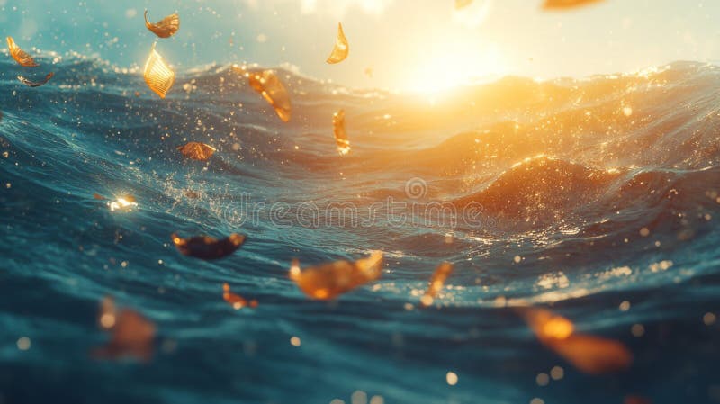 Golden Leaves Falling on Ocean Waves at Sunset Stock Image - Image of ...