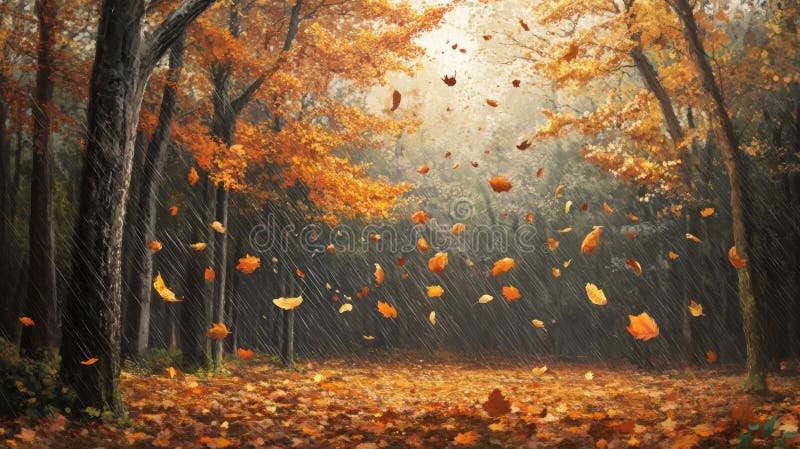 Golden Leaves Falling in a Rain-Soaked Autumn Forest Stock Illustration ...