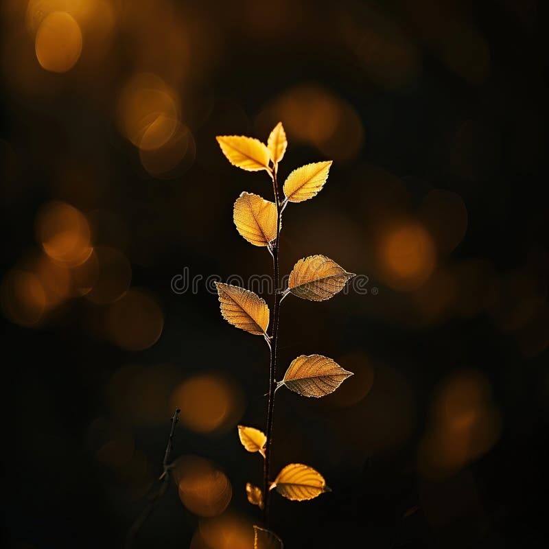Golden Leaves on a Slender Branch Backlit by Bokeh Stock Image - Image ...