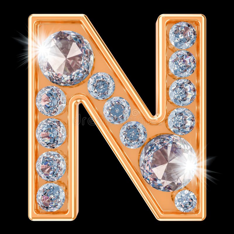 Golden Letter N with Diamonds. 3D Rendering Stock Illustration ...