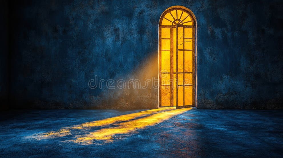 Golden Light through Arched Window in Dark Room Stock Illustration ...