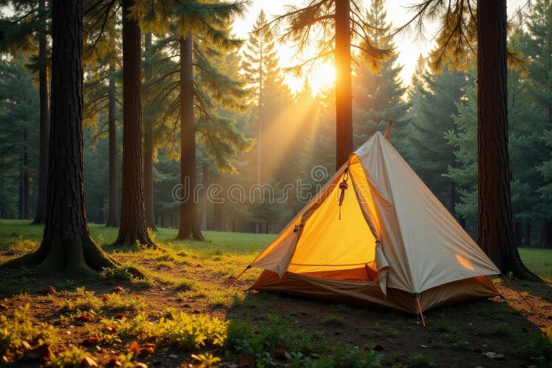 Golden Light Bathes a Beige Tent in a Sun Dappled Pine Forest , Sunbeam ...