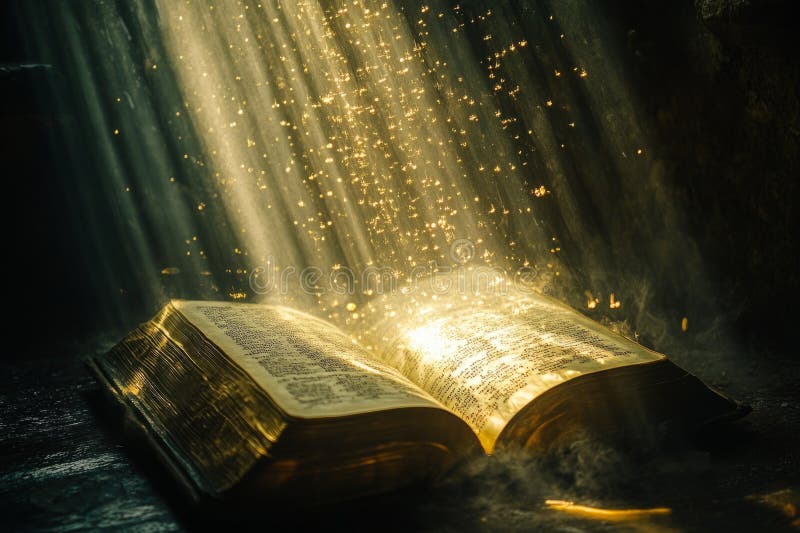 Golden Light Beams Illuminate an Open, Ancient Book Stock Image - Image ...