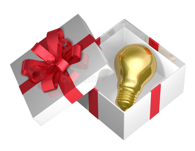 Golden Light Bulb in White Open Gift Box with Red Bow Stock ...