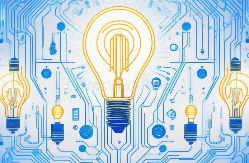 Golden Light Bulbs, Over Science and Technology Blue Neon Color Pattern ...