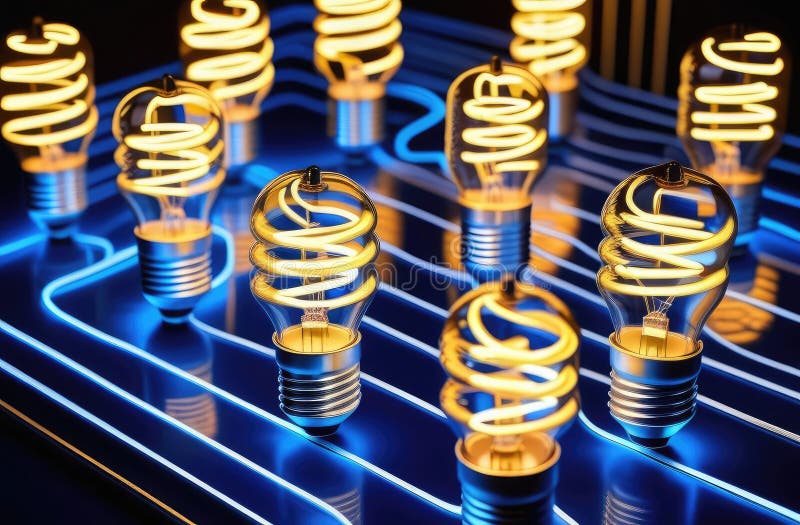 Golden Light Bulbs, Over Science and Technology Blue Neon Color Pattern ...