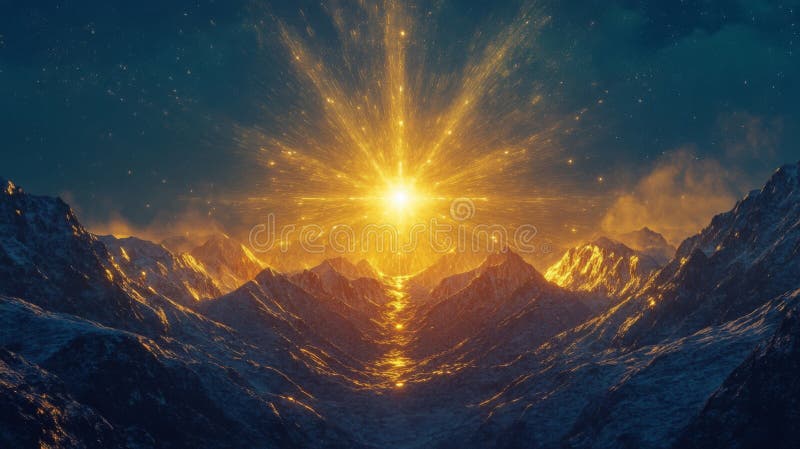 Golden Light Exploding Over Mountain Range Stock Illustration ...