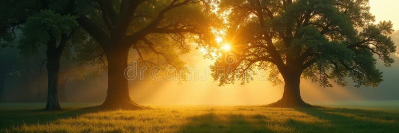 Golden Light Filters through Misty Oak and Beech Canopy, Green ...