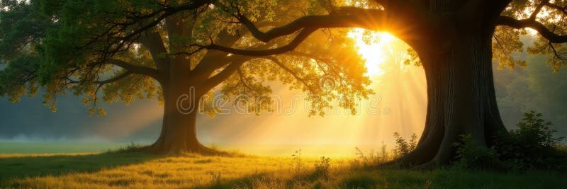 Golden Light Filters through Misty Oak and Beech Canopy, View, Branches ...