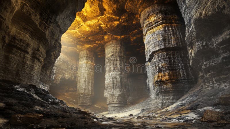 Golden Light Illuminates Deep Cave with Stone Pillars Stock ...