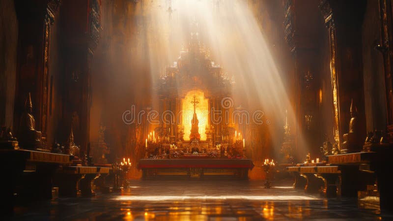 Golden Light Illuminates a Divine Altar in an Ornate Temple Stock ...