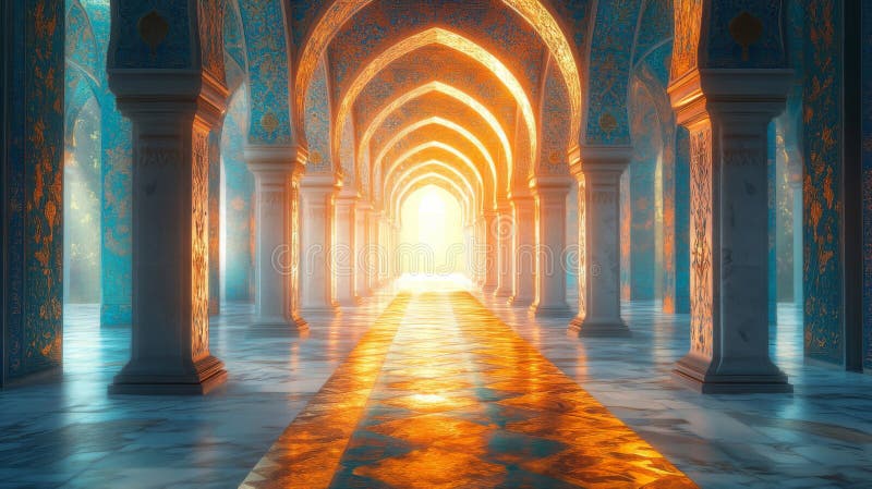 Golden Light Illuminates a Majestic Archway Corridor Stock Illustration ...