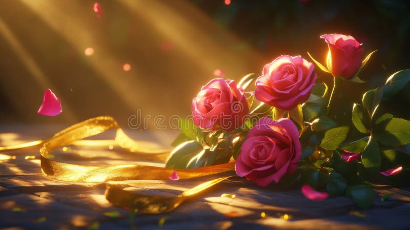 Golden Light Illuminates Pink Roses with Falling Petals Stock ...