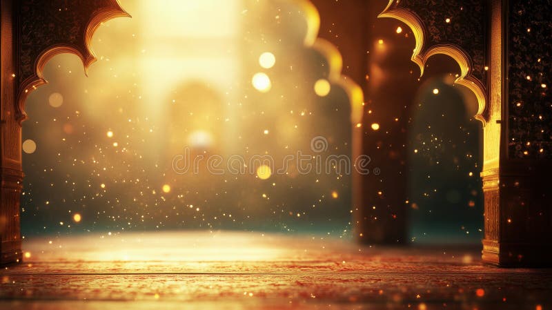 Golden Light Inside Mosque with Sparkling Particles during Prayer Stock ...