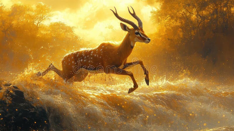 Golden Light, Leaping Antelope in Water Stock Illustration ...