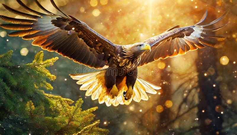 Golden Light- Majestic Eagle Soaring through Enchanting Forest Stock Illustration - Illustration ...