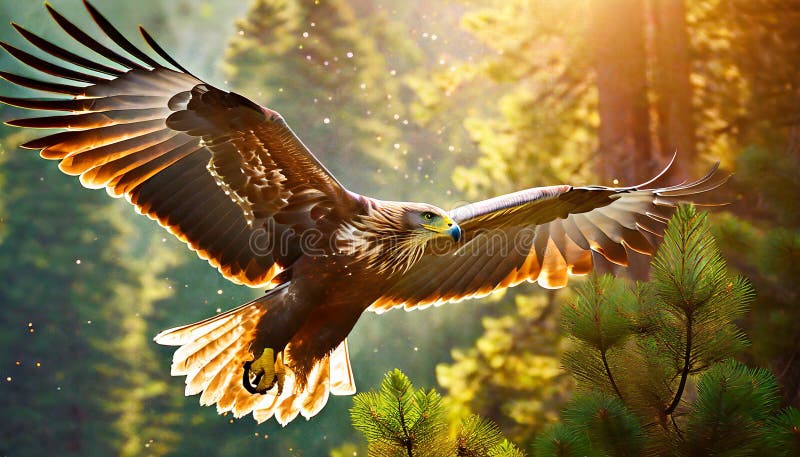 Golden Light- Majestic Eagle Soaring through Enchanting Forest Stock Illustration - Illustration ...