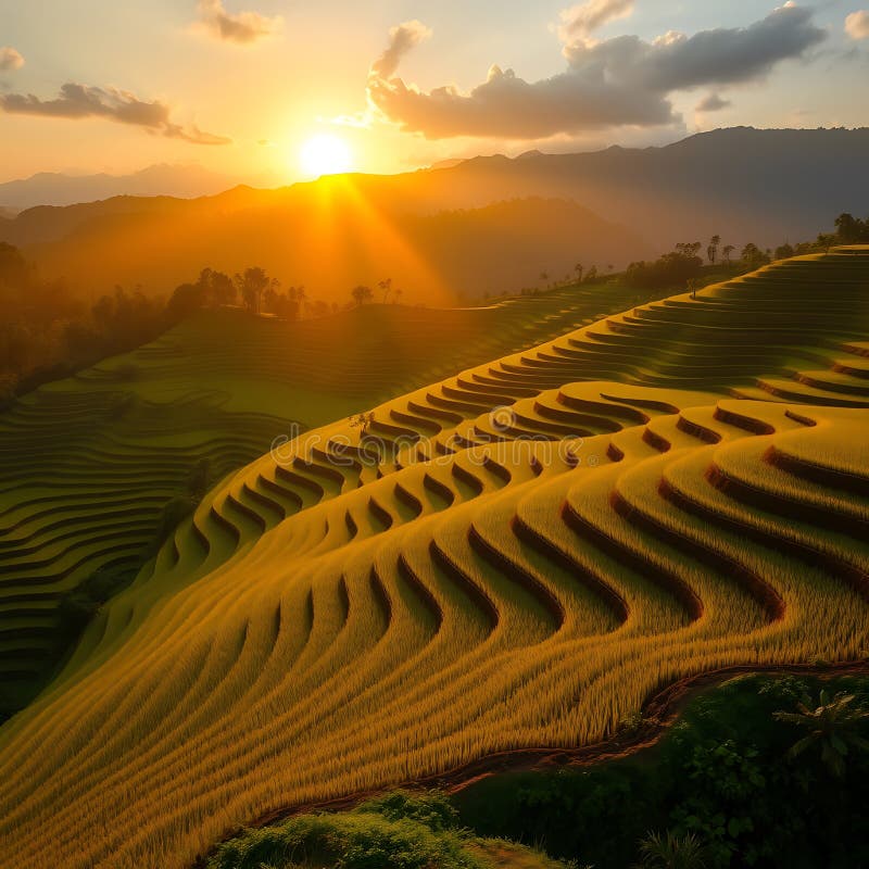 Golden Light on Philippine Rice Terraces Stock Illustration - Illustration of scenic ...