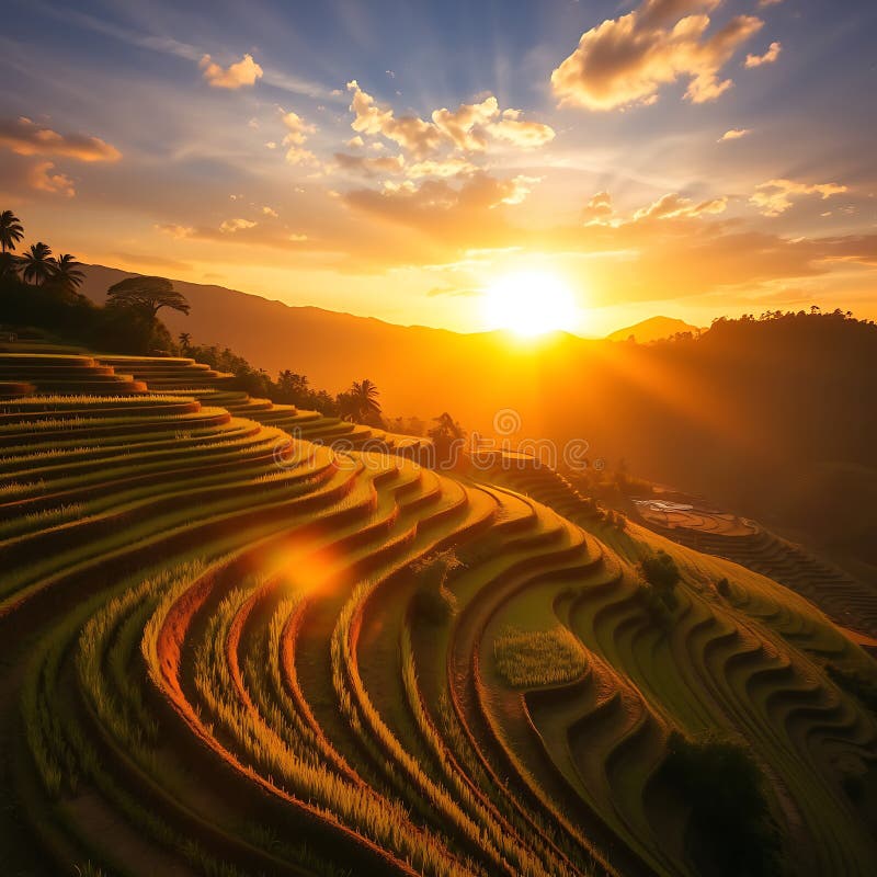 Golden Light on Philippine Rice Terraces Stock Illustration - Illustration of tropical, morning ...