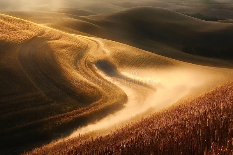Golden Light Pours Over Rolling Wheat Fields at Sunset Creating ...