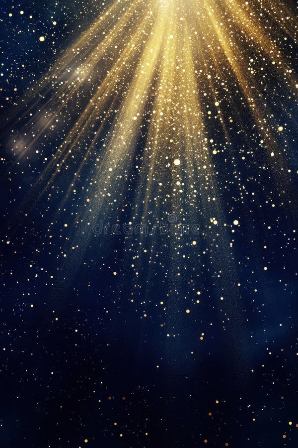 Golden Light Rays and Sparkling Stars on a Dark Blue Night Sky Stock ...