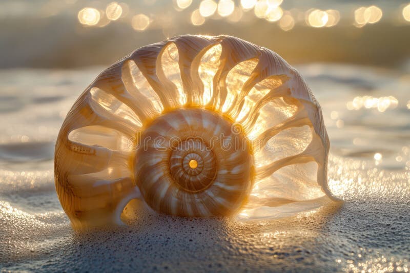 Golden Light Reveals Spiral Seashell with Soft Shadows Stock ...