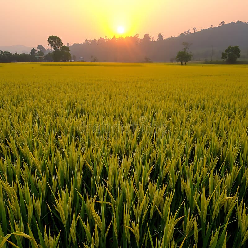 Golden Light on Rice Fields at Dawn Stock Illustration - Illustration ...