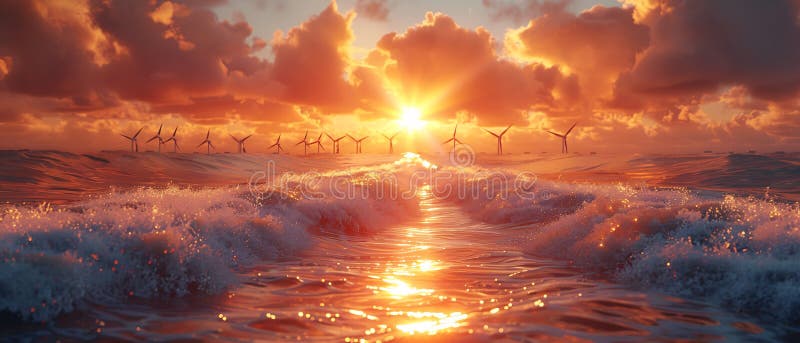 Golden Light on Rotating Blades: Sunset Tidal Turbine Array Stock ...