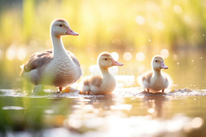 Golden Light Shining on Geese and Goslings Stock Photo - Image of ...
