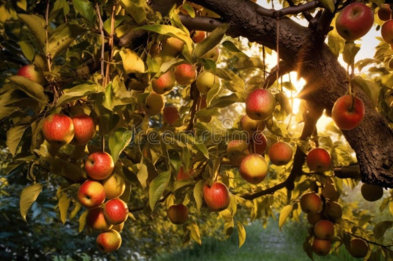 Golden Light Shining on Ripe Apples Hanging from Tree Stock ...