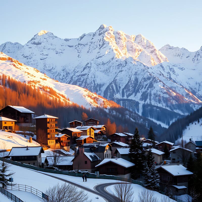 Golden Light on Snowy Alps Village Stock Illustration - Illustration of ...