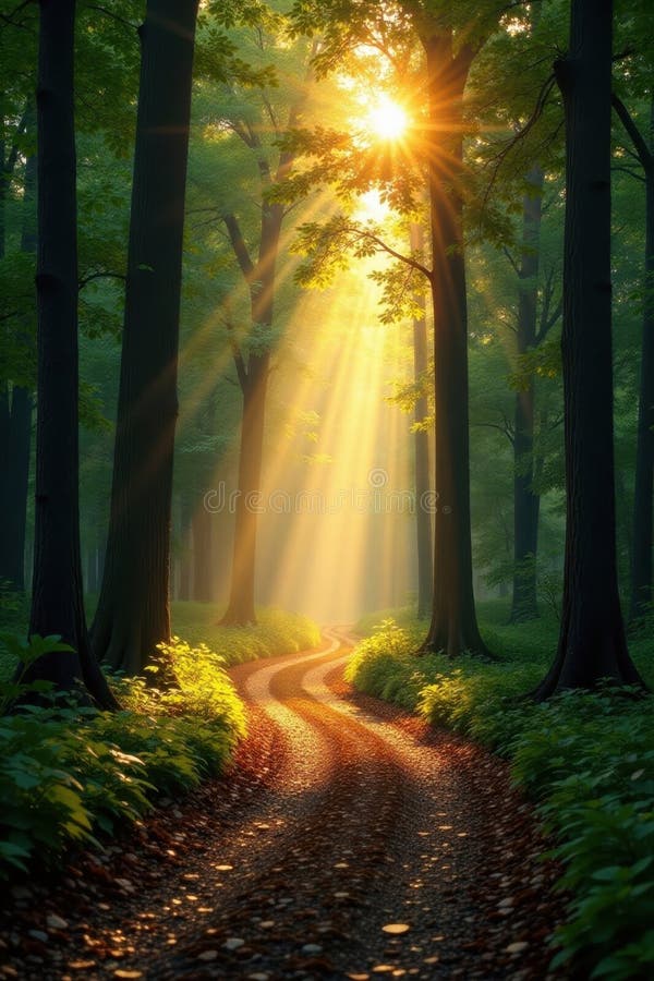 Golden Light Streams through Trees Onto Winding Forest Lane, Ecology ...