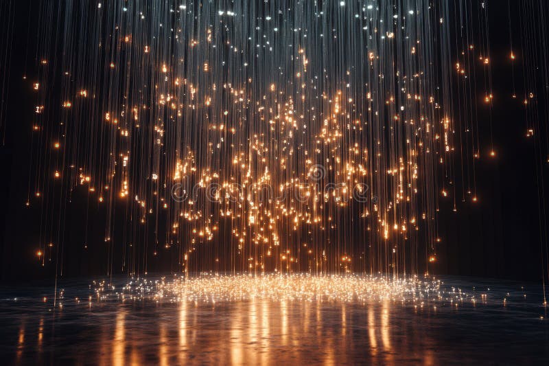 Golden Light Strings Falling Onto Dark Reflective Surface Stock Image ...