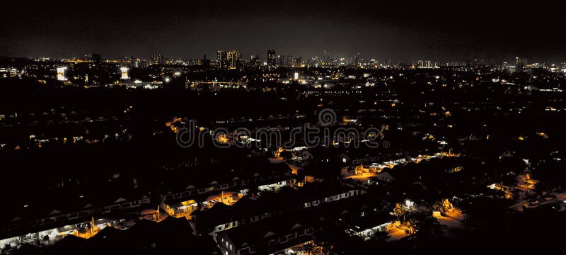 Golden Lighted Night Skyline Residential Stock Image - Image of ...