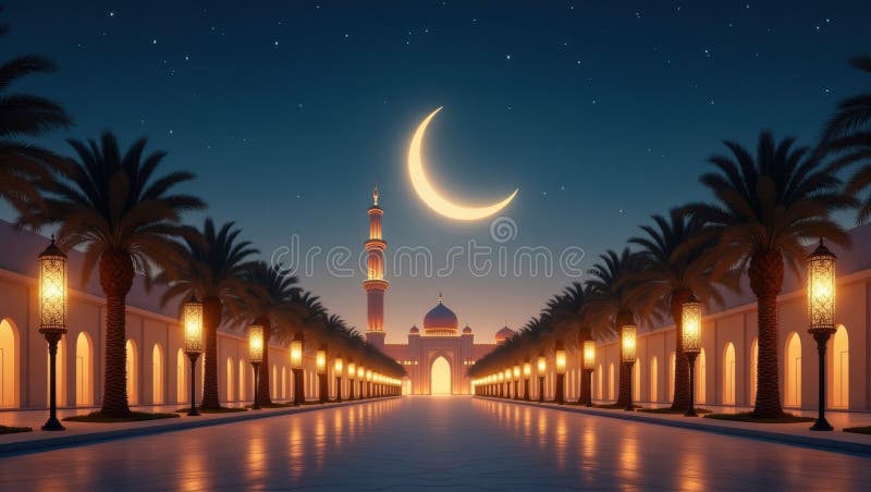 Golden Lights Guide the Way To Crescent Moon Mosque Stock Illustration ...
