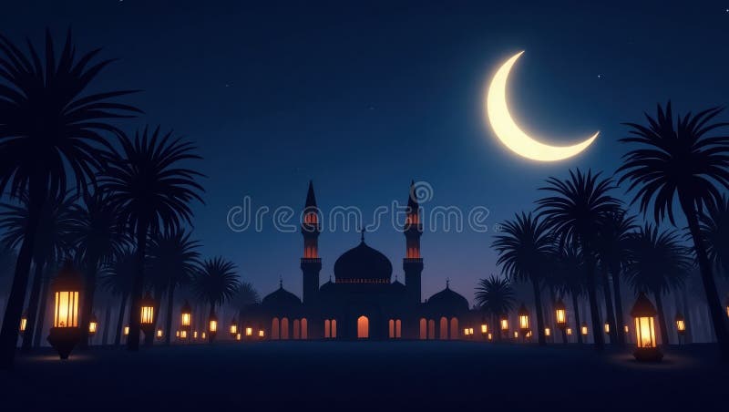 Golden Lights Guide the Way To Crescent Moon Mosque Stock Illustration ...